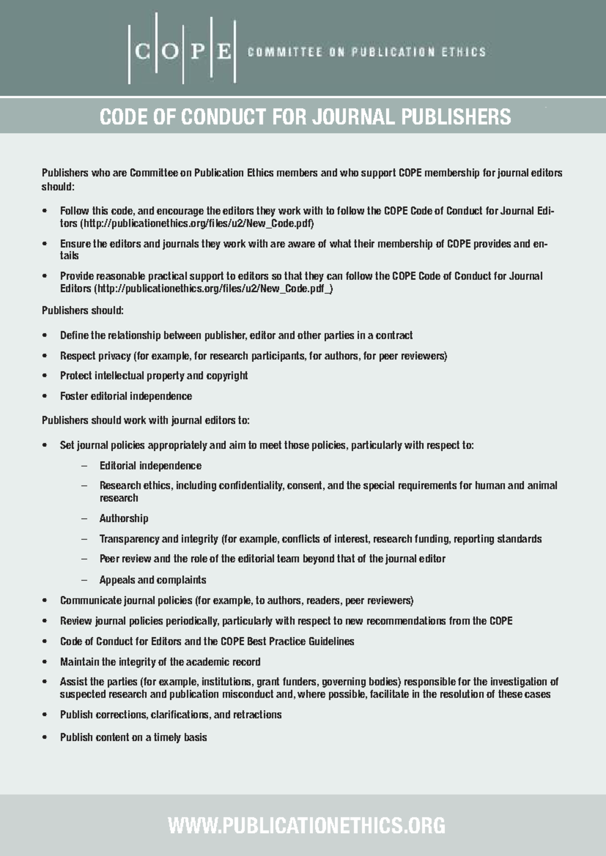 CODE OF CONDUCT FOR PUBLISHERS: COPE Guidelines Explained - Studocu