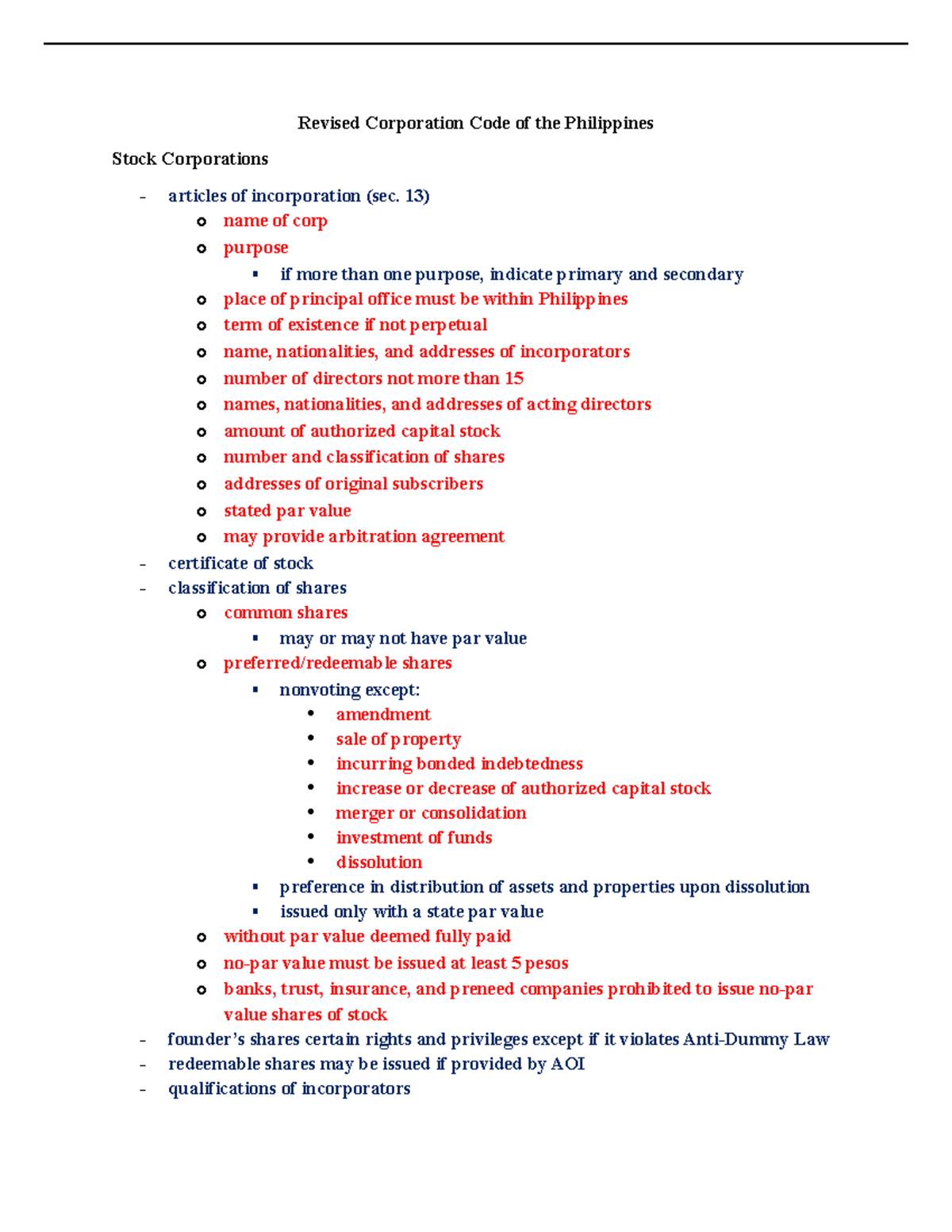 Revised Corporation Code of the Philippines Overview Summary - Studocu