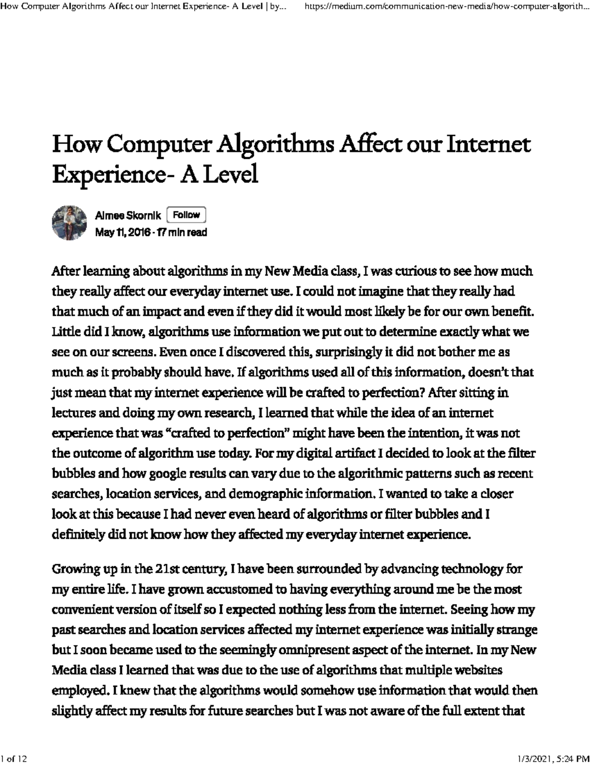 A Level Reading: Impact of Computer Algorithms on Internet Experience ...