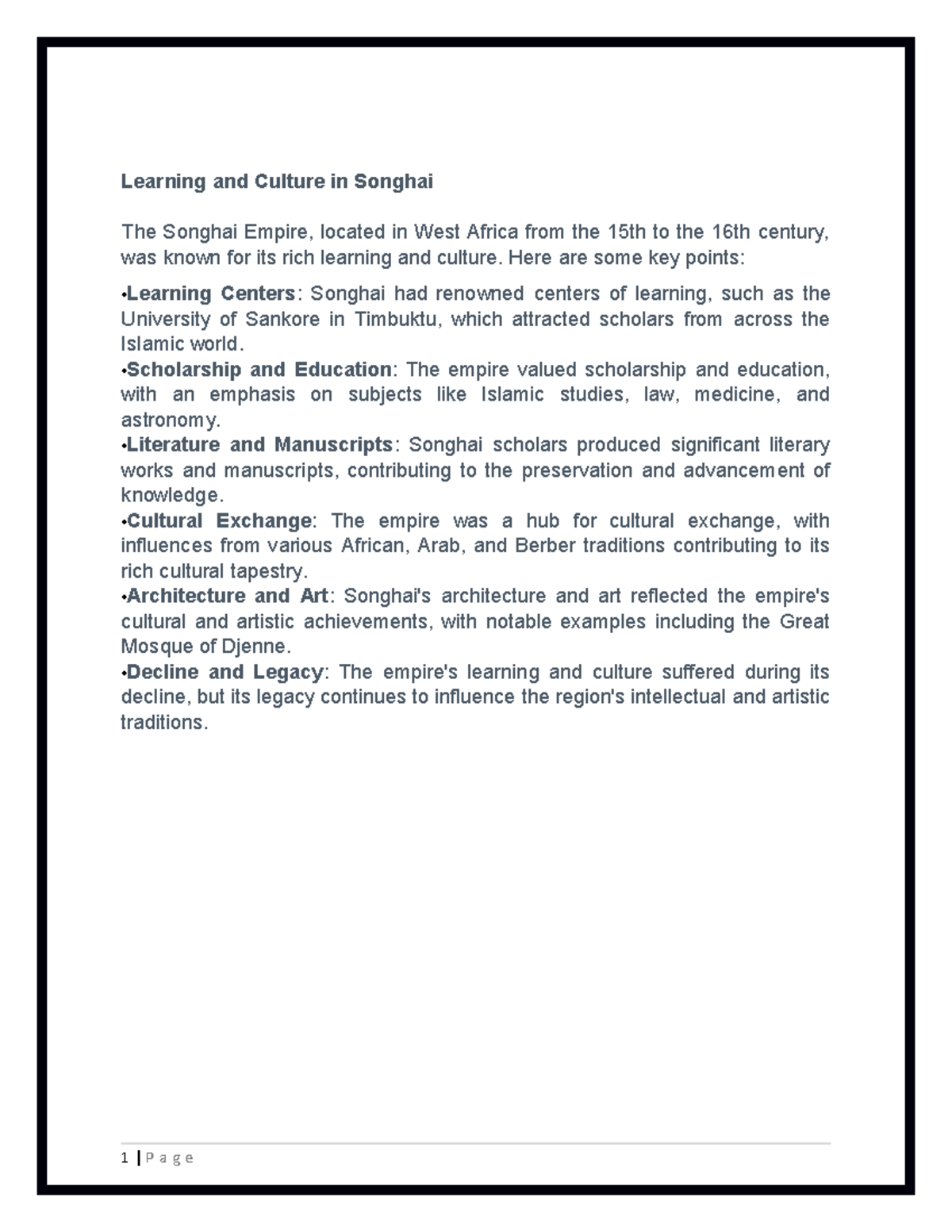 Learning and Culture in the Songhai Empire: A Historical Overview - Studocu