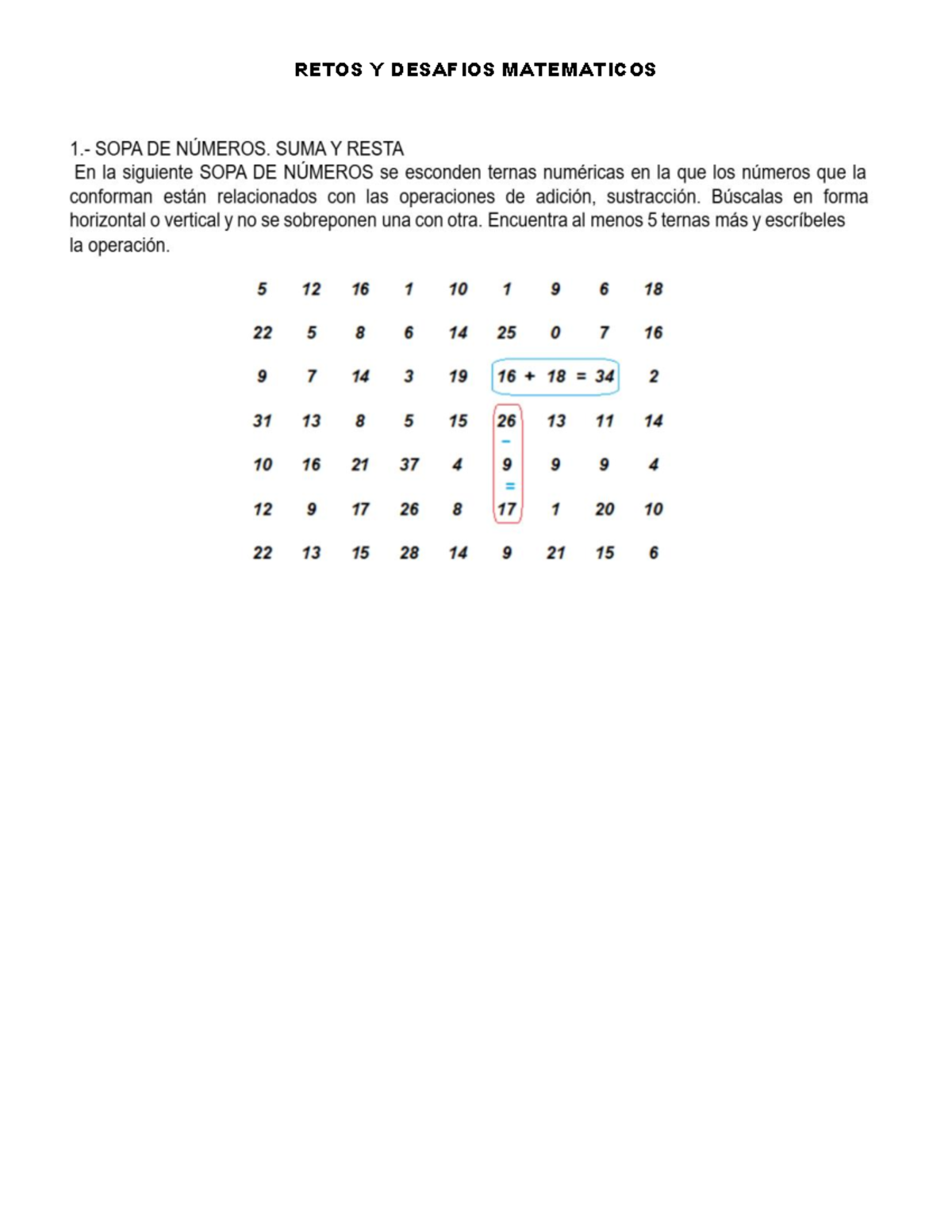Retos y Desafíos Matemáticos 010925: Sopa de Números Suma y Resta - Studocu