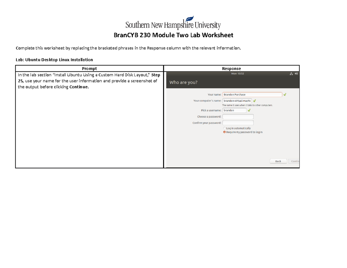CYB 230 Module Two Lab Worksheet - BranCYB 230 Module Two Lab Worksheet ...