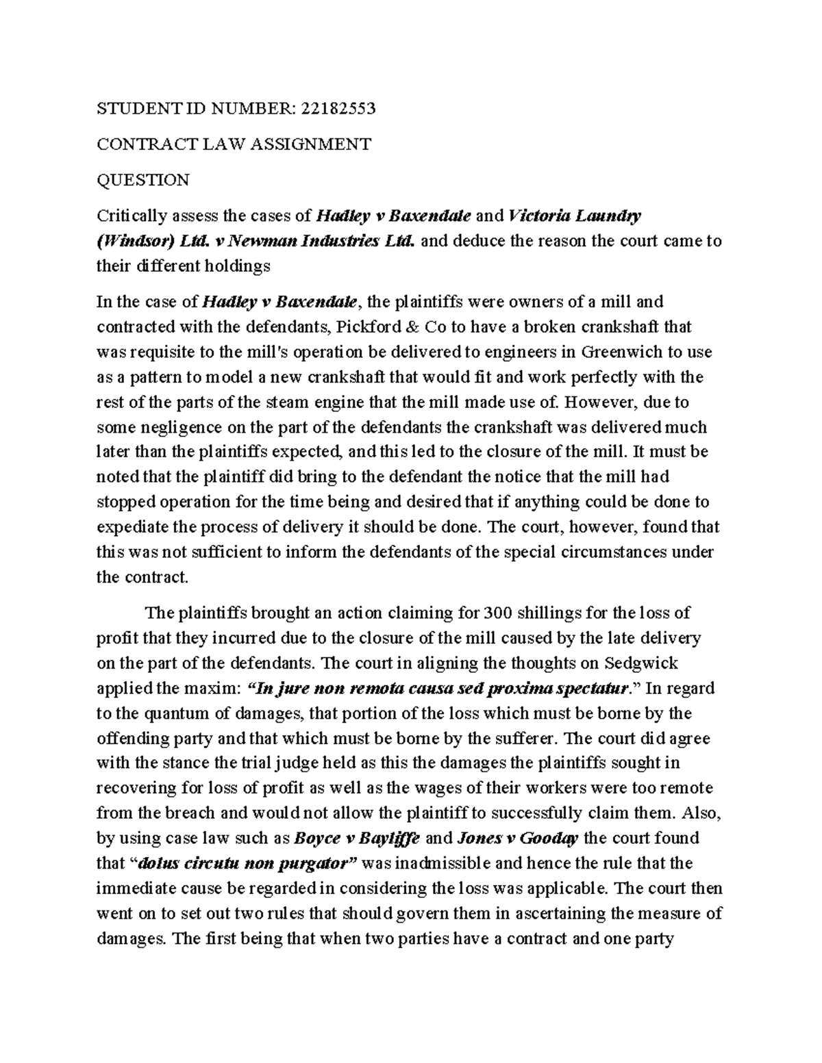 Contract Law Assignment: Hadley v Baxendale & Vic. Laundry v Newman Ind ...