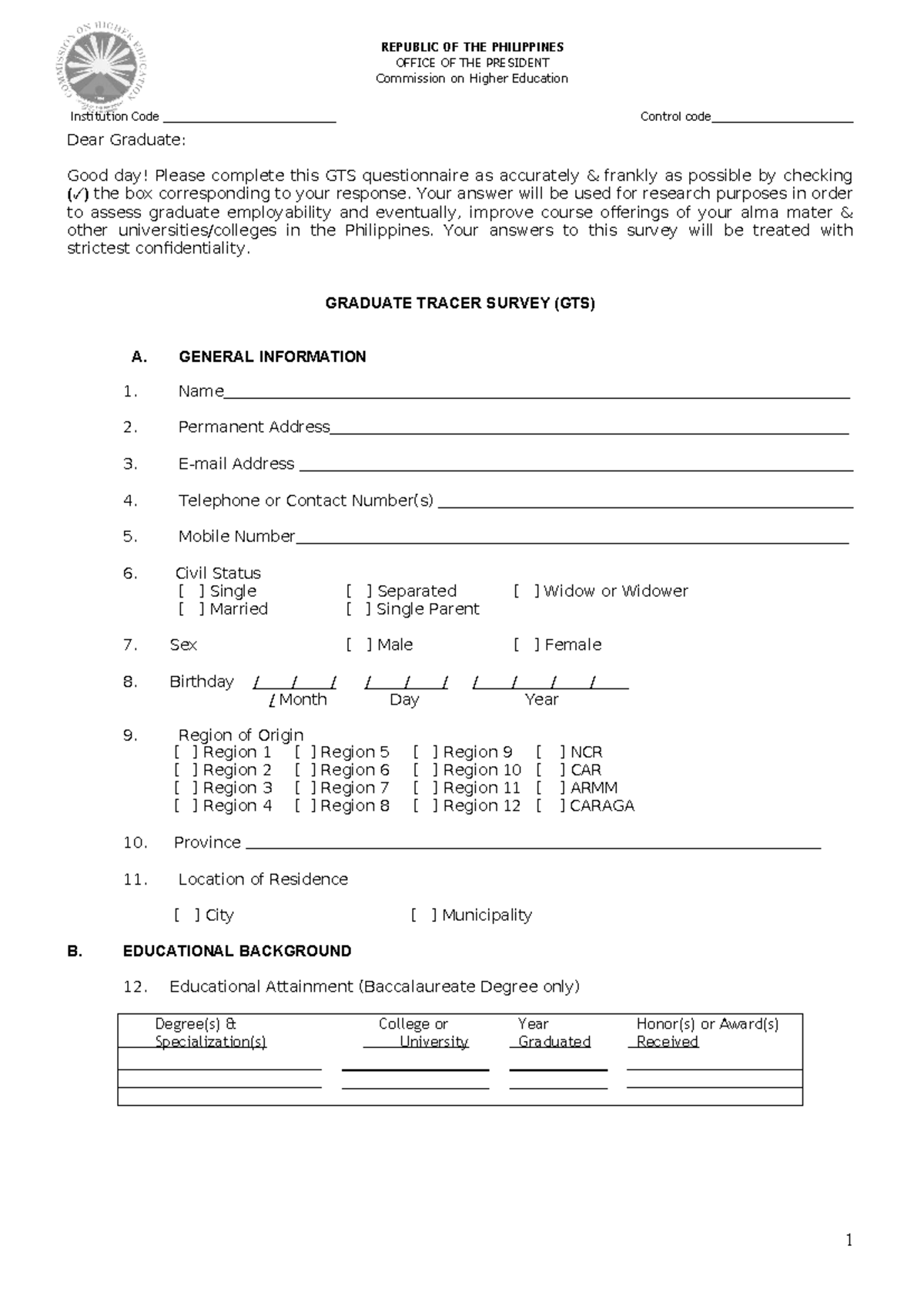 Graduate Tracer Survey (GTS) Questionnaire - Reviewer - Studocu