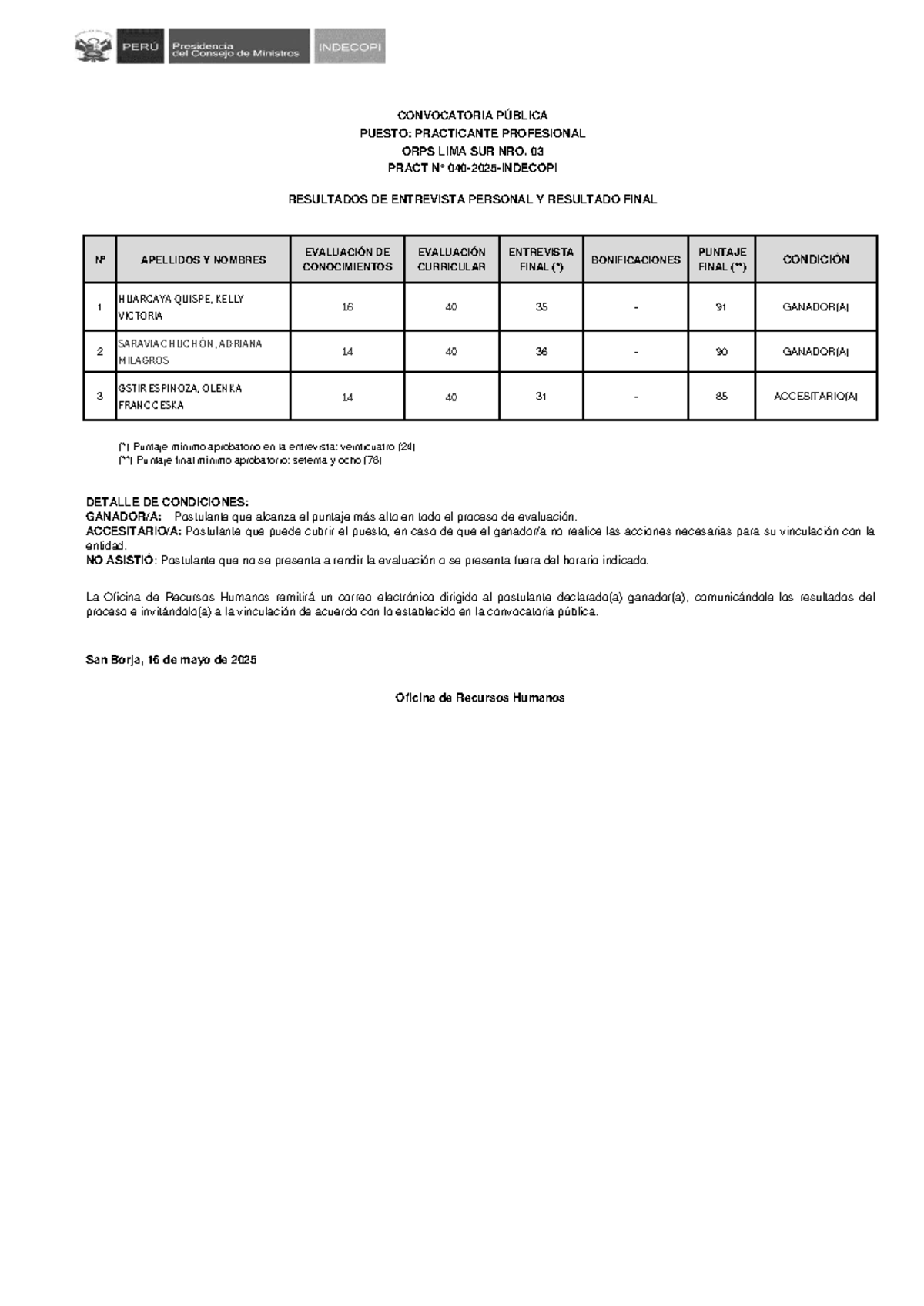 Resultados Finales Entrevista Practicante Profesional ORPS Lima Sur N ...