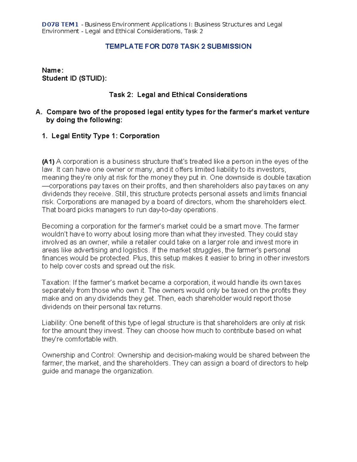 D078 TEM1 Business Environment: Legal & Ethical Considerations Task 2 ...