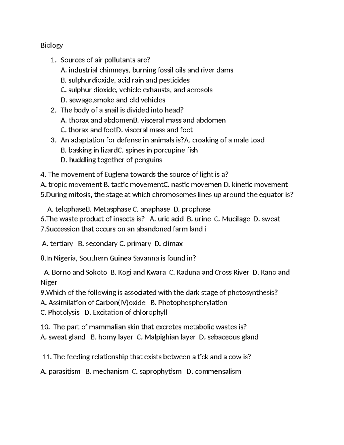 Biology 1: Inorganic Salt Quiz Questions and Answers - Studocu