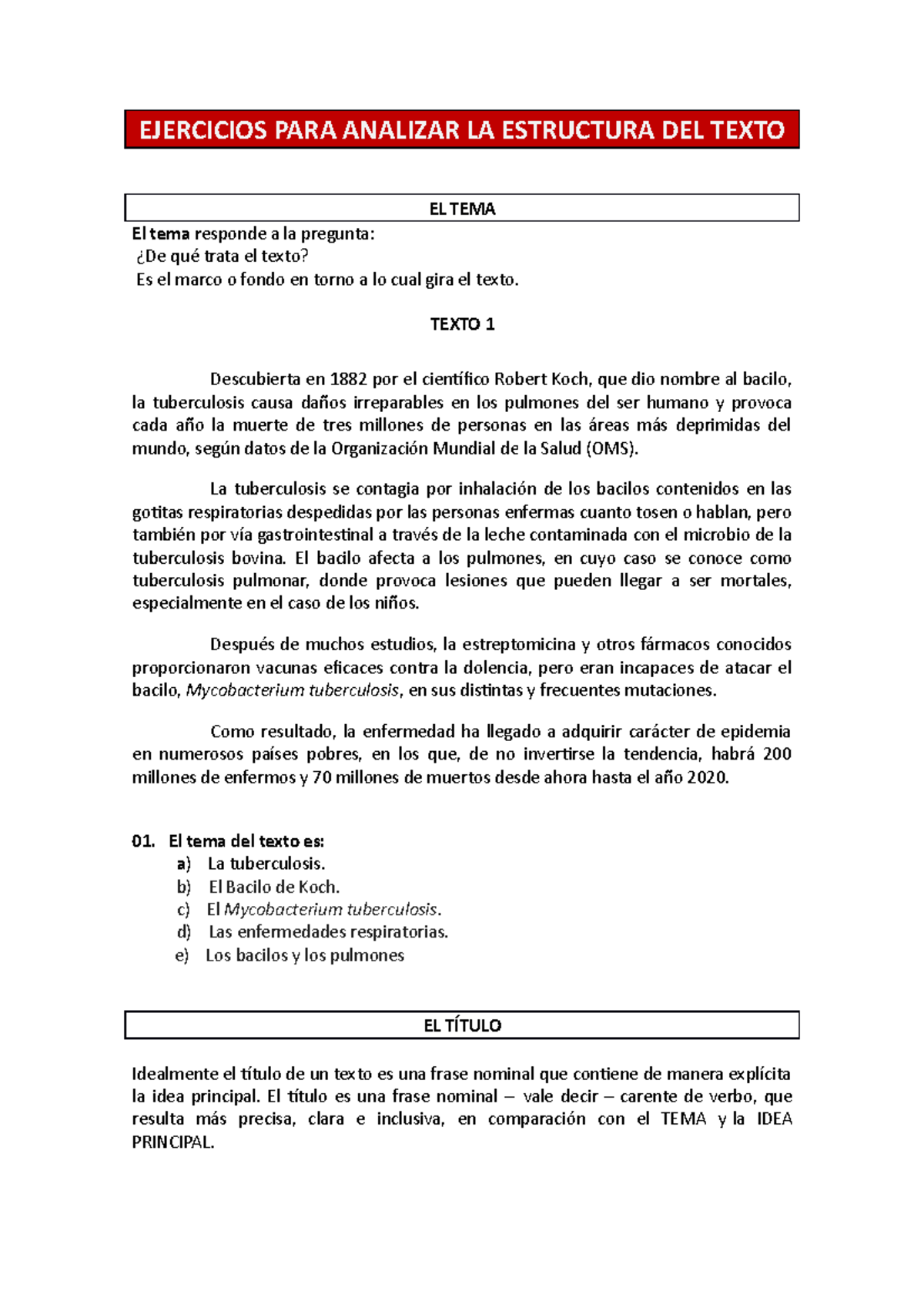Ejercicios sobre Estructura del Texto y Análisis de Contenido - Studocu