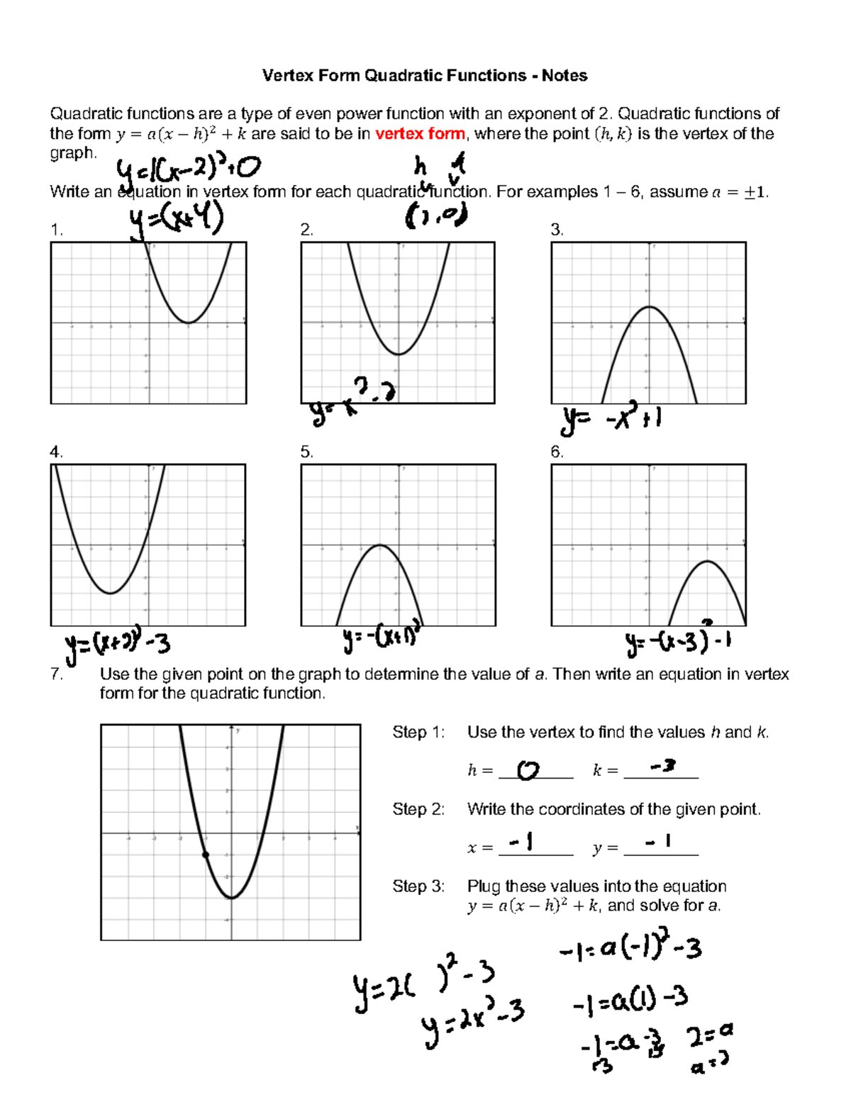 Vertex form of Quadratic Functions Notes - Vertex Form Quadratic ...