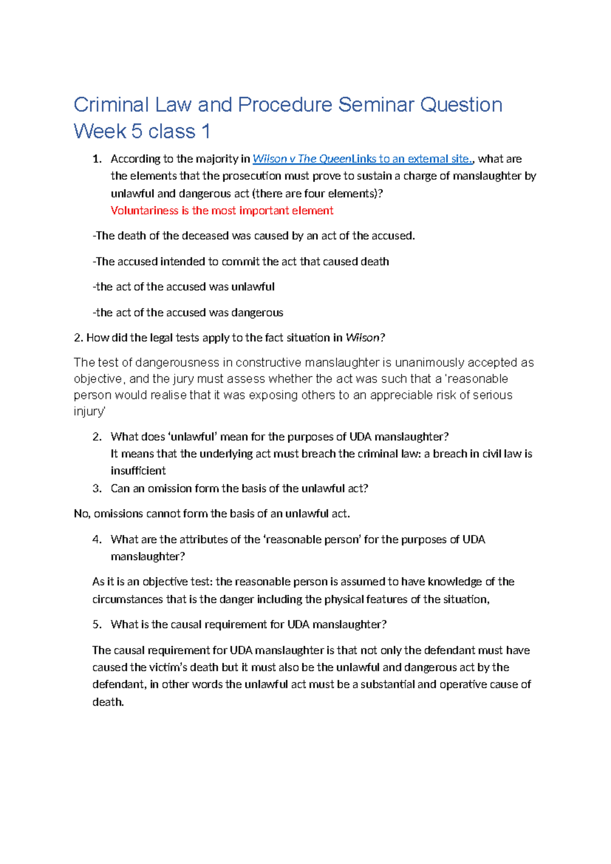 Criminal Law & Procedure Seminar: Week 5 Questions on Manslaughter ...