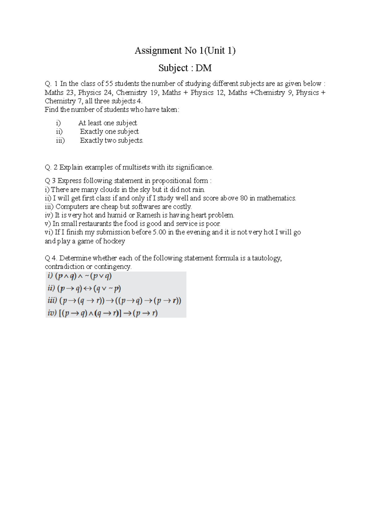 Discreate Mathematics Question bank - Assignment No 1(Unit 1) Subject ...