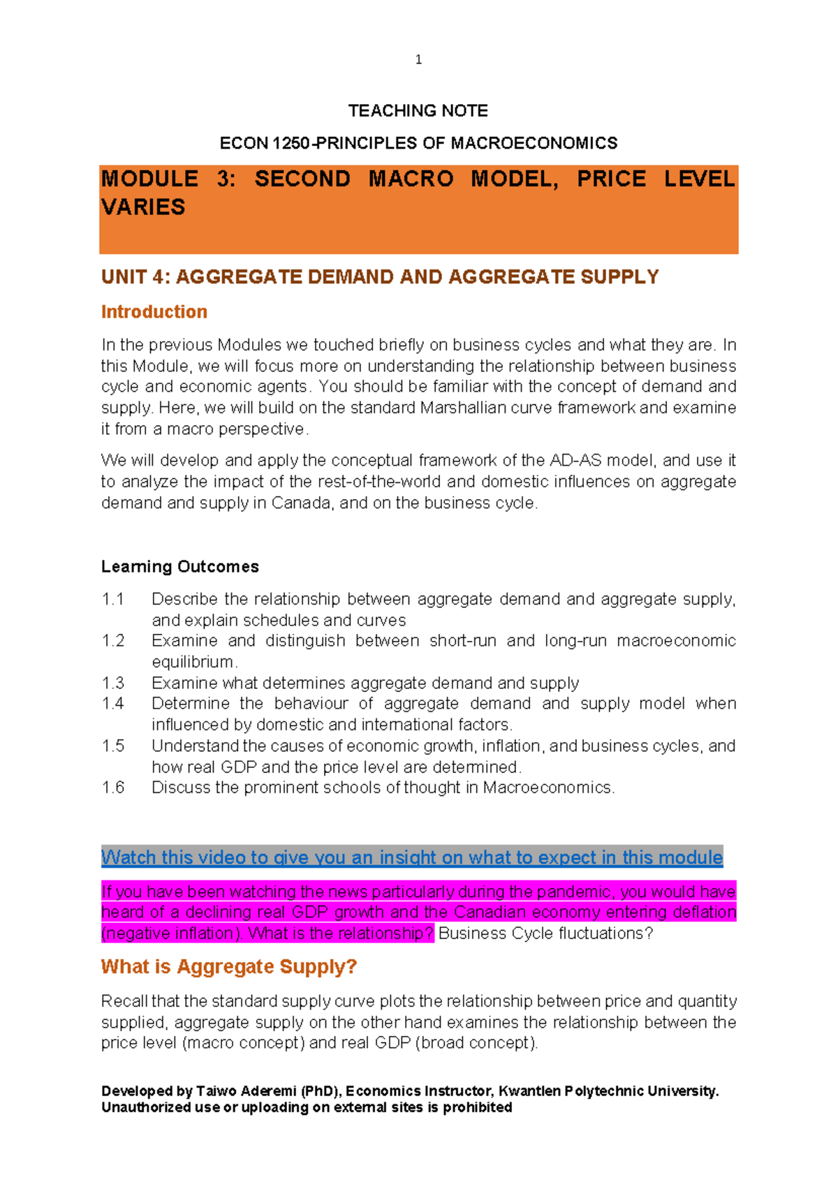 Teaching Note: ECON 101 - Aggregate Demand & Supply Analysis in ...