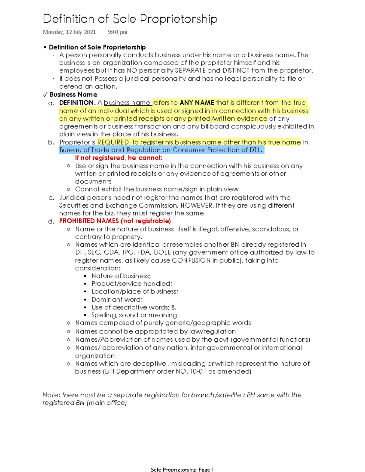 Sole Proprietorship Overview and Key Regulations - Aquino Reviewer ...