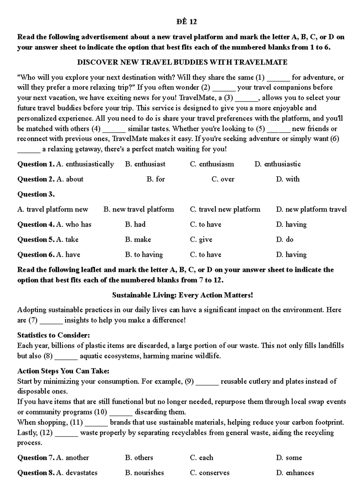 ĐỀ 12 - TravelMate & Sustainable Living: Practice Questions and Answers ...