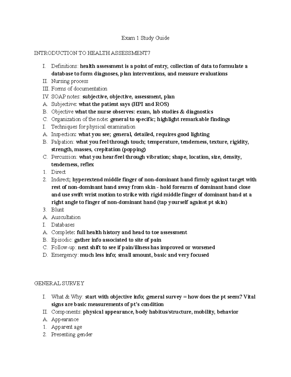 Health Assessment Exam 1 - Comprehensive Study Guide and Review - Studocu