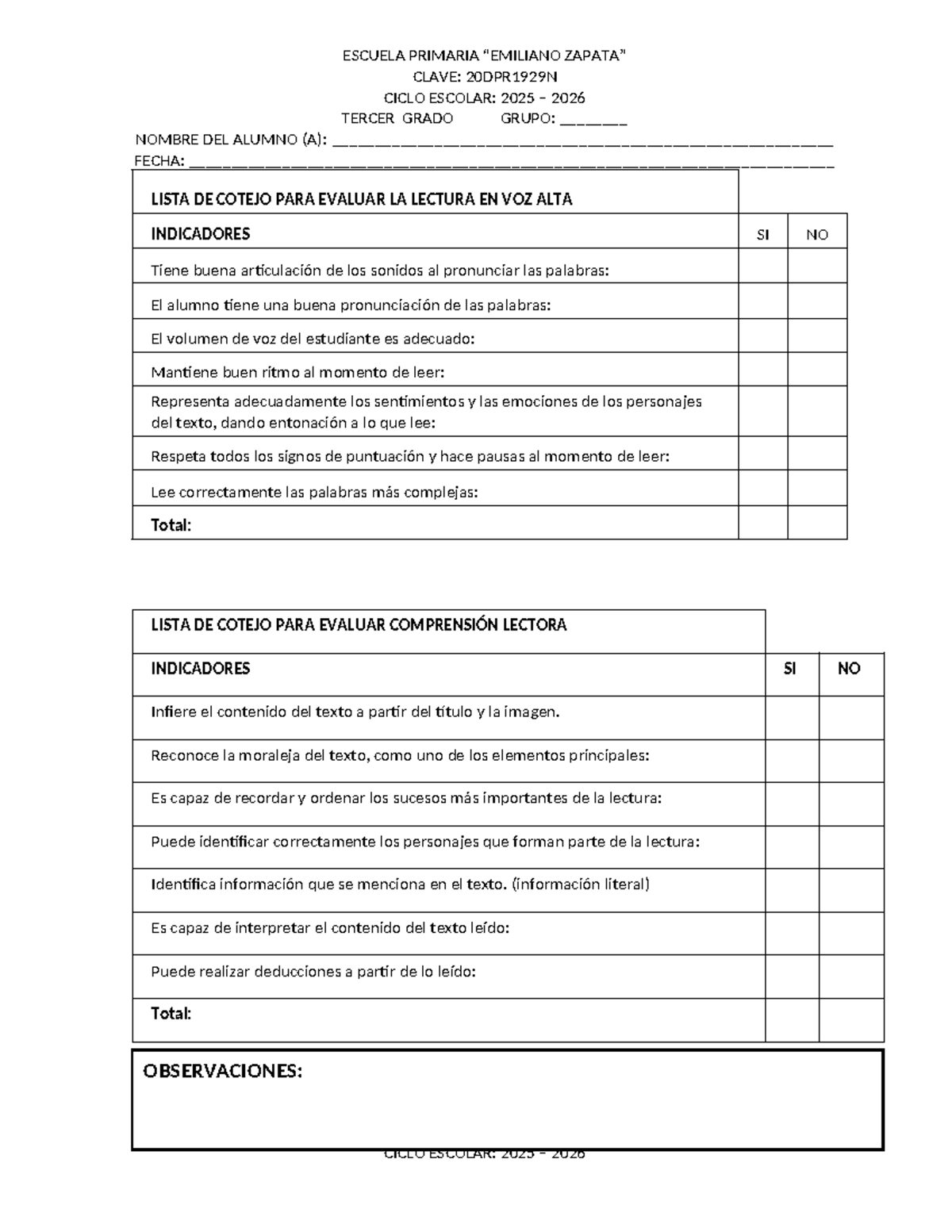 Listas de Cotejo para Evaluación de Lectura y Escritura - 3er Grado ...