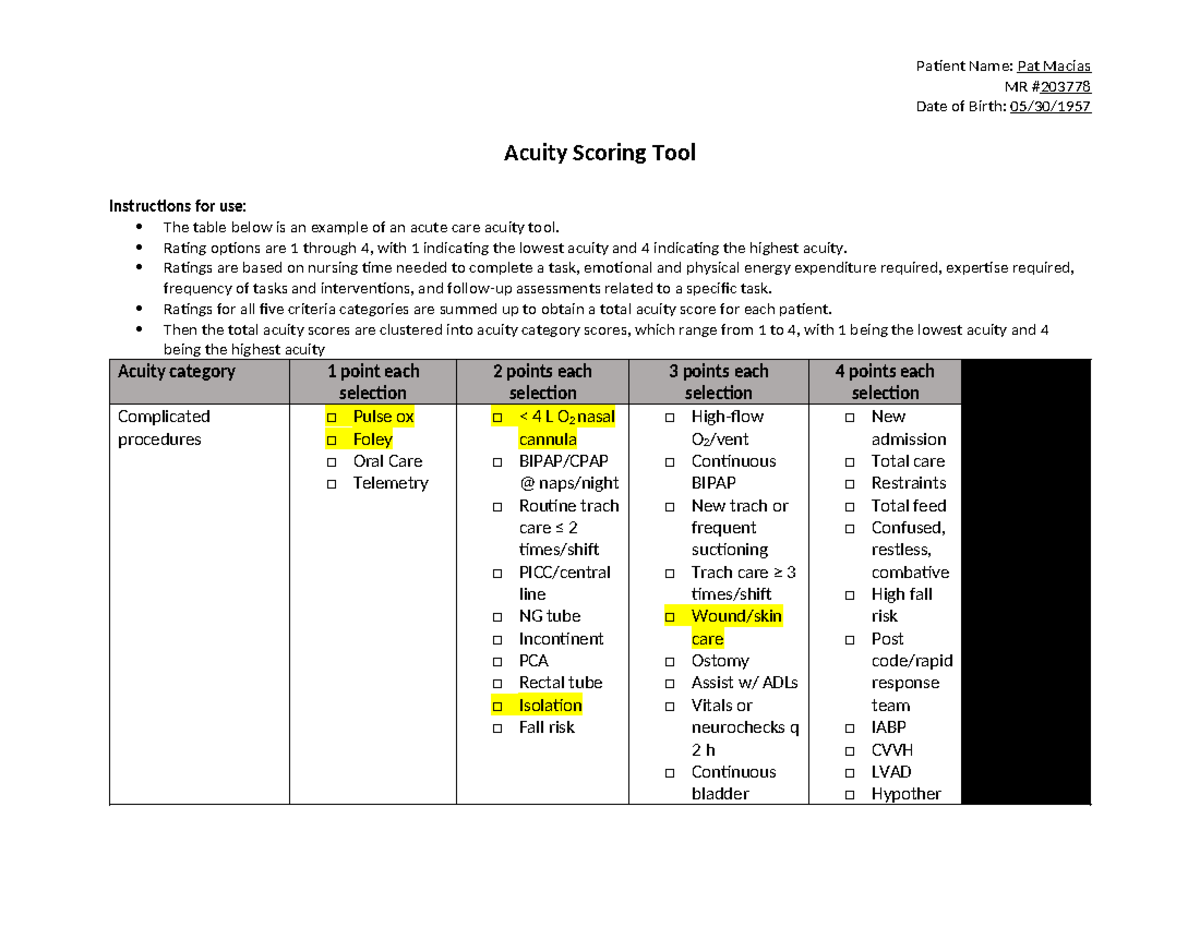 Acuity Scoring Tool Instructions for Pat Macias: Lab Guide - Studocu