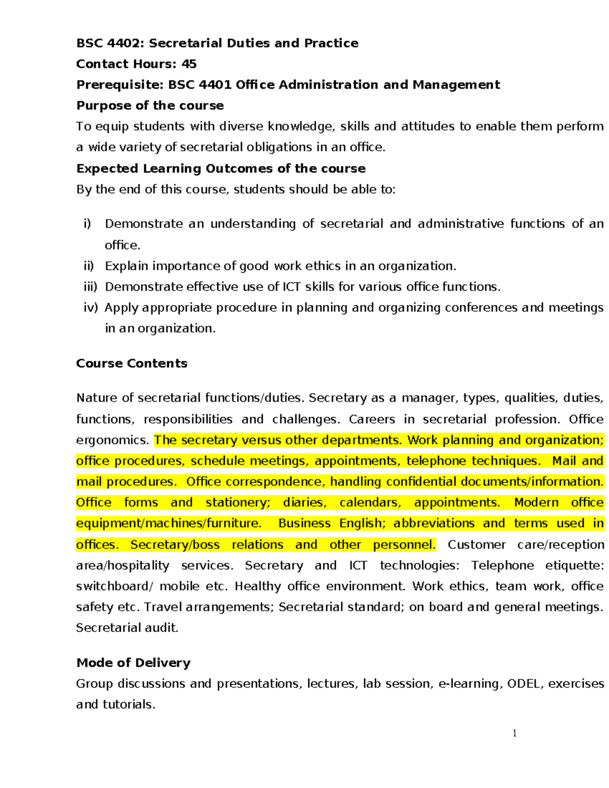 BSC 4402 Secretarial Duties and Practice Study Notes 2024 - Studocu