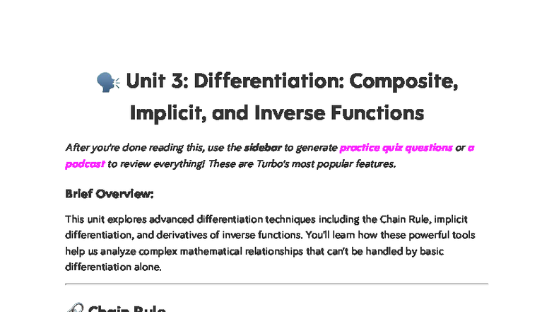Unit 3: Advanced Differentiation Techniques - Chain, Implicit & Inverse - Studocu
