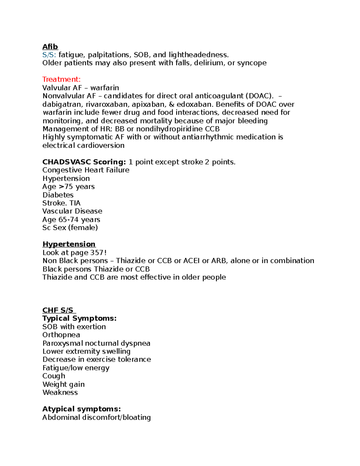 Midterm review - Afib S/S: fatigue, palpitations, SOB, and ...