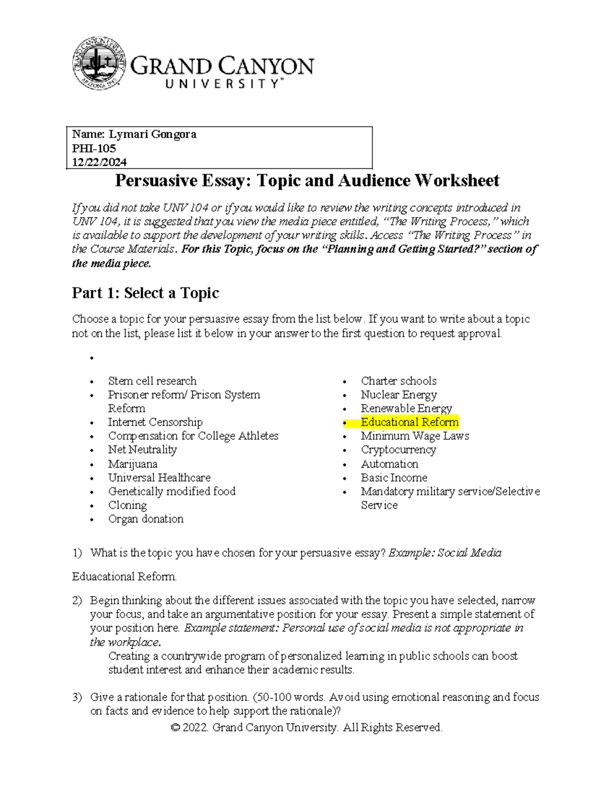 PHI105 Persuasive Essay Planning: Topic and Audience Worksheet - Studocu