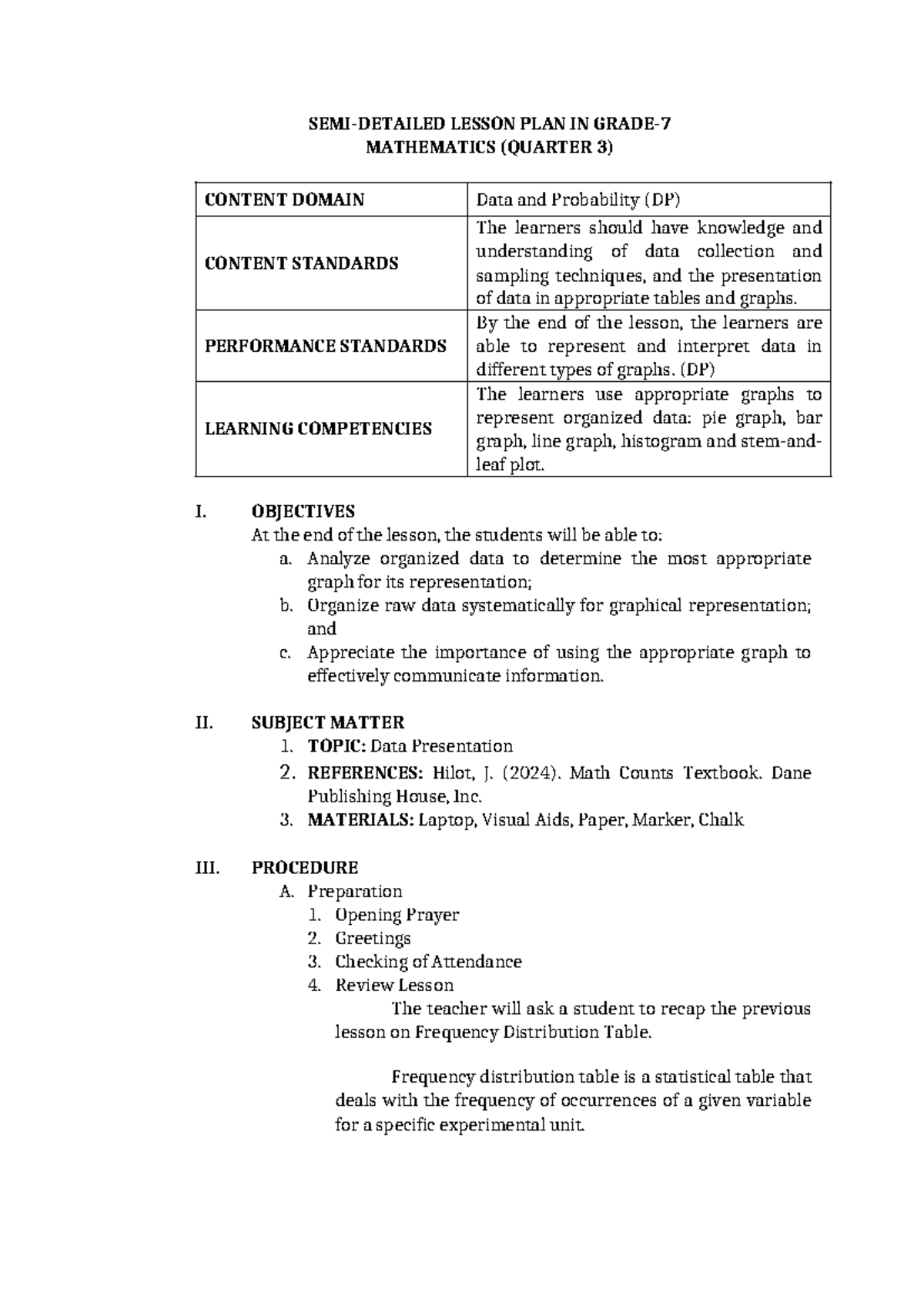 MATHEMATICS LESSON PLAN: DATA PRESENTATION (QUARTER 3) - Studocu