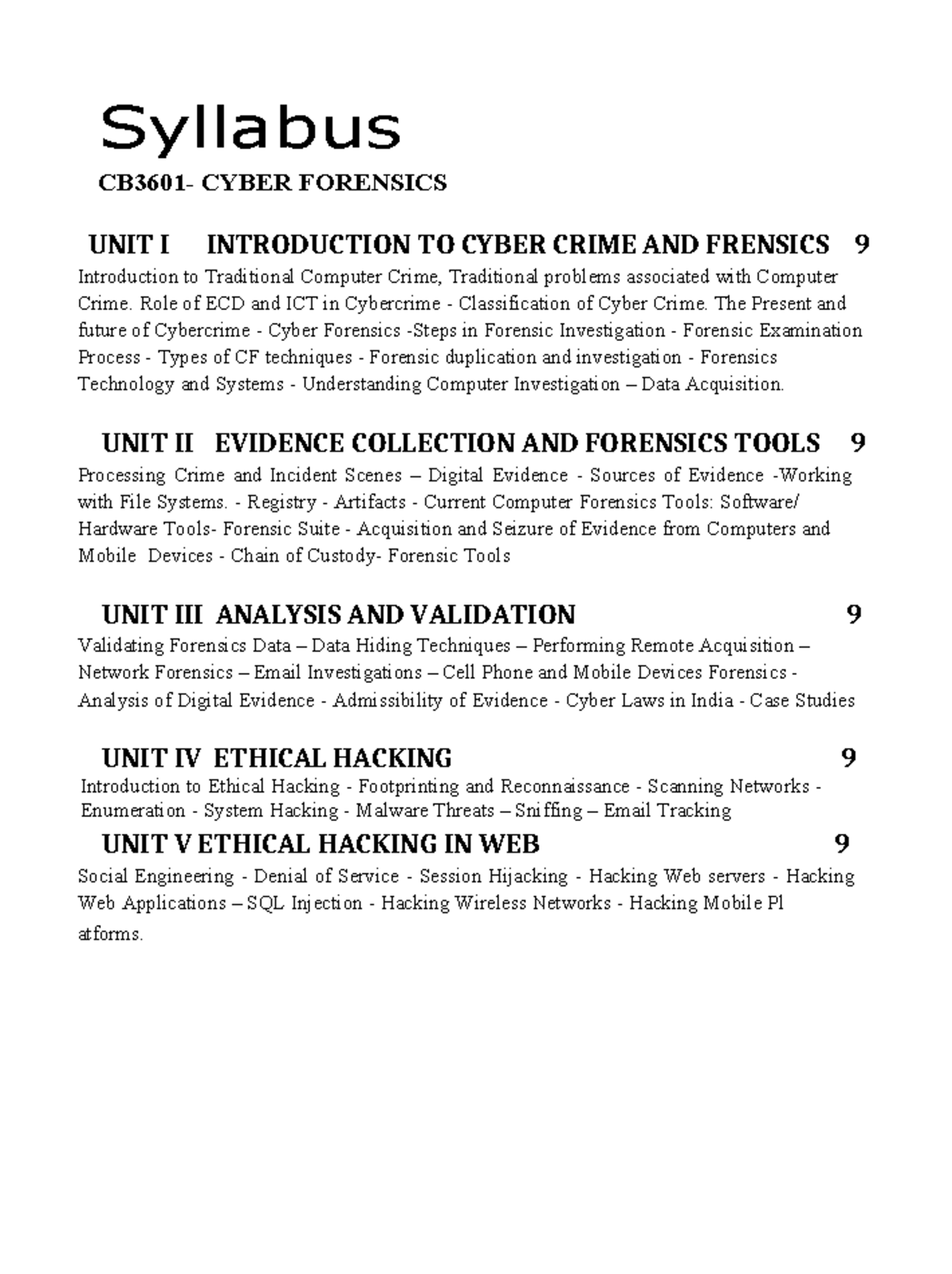 **CB3601 - Unit I: Intro to Cyber Crime & Forensics Syllabus** - Studocu