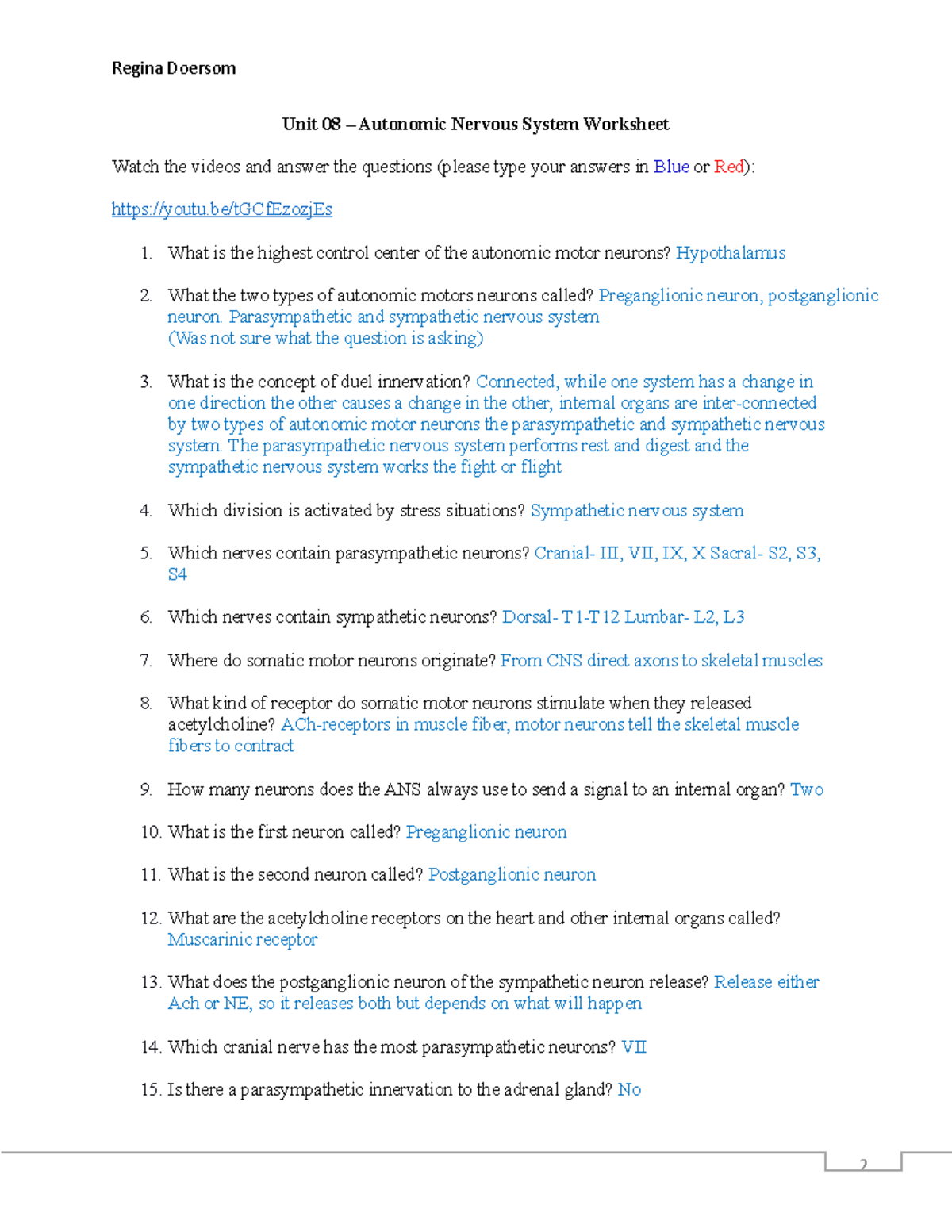 Unit 08 - Autonomic Nervous System Q&A Worksheet - Studocu