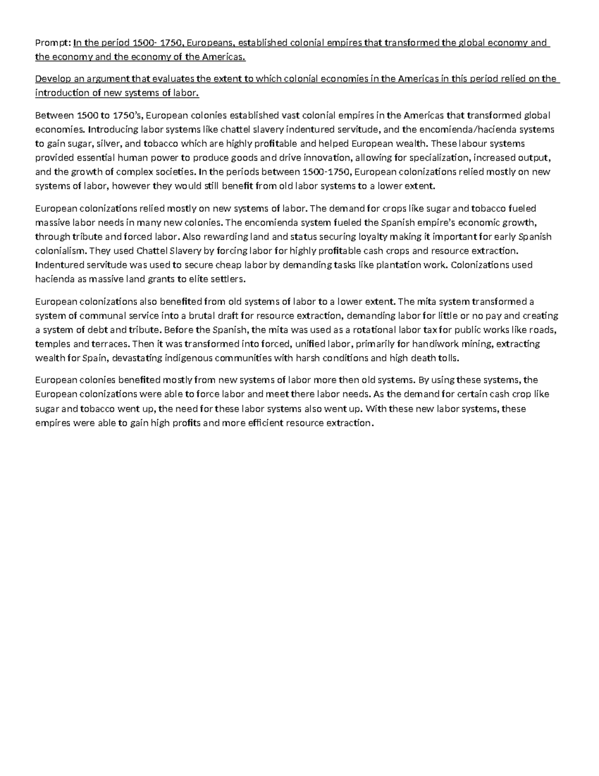 LEQ #1 - Evaluating Colonial Labor Systems in the Americas (1750) - Studocu