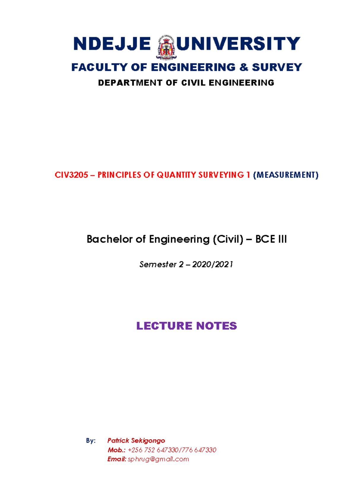 CIV3205 Lecture Notes on Quantity Surveying I - Measurement Techniques ...