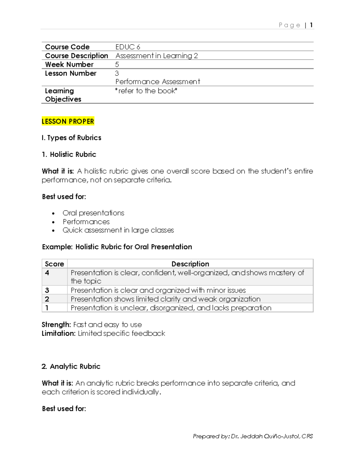 EDUC 6 - Lesson 3: Performance Assessment & Rubric Types - Studocu