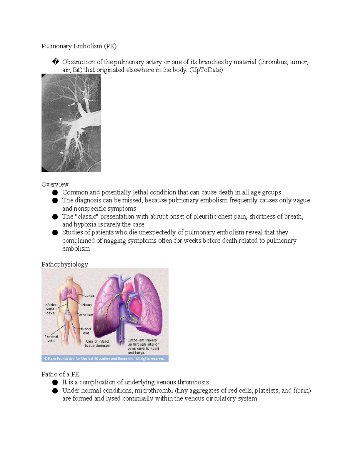 Pulmonary Embolism (PE) - Lecture Notes Overview and Management - Studocu