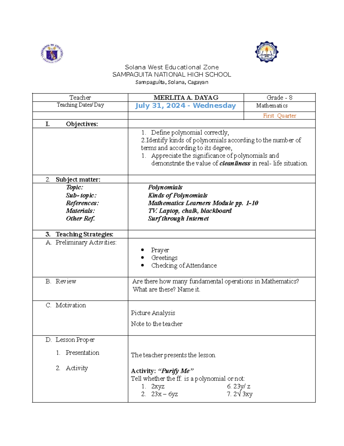 Grade 8 & 9 Mathematics Lesson Plans: Polynomials & Quadratic Functions ...