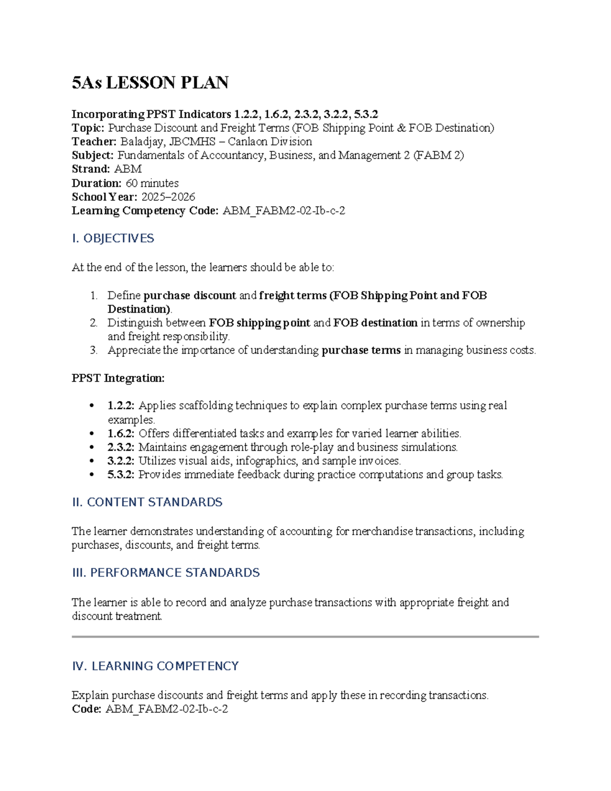 5As Lesson Plan: Understanding Purchase Discounts & Freight Terms (FABM ...