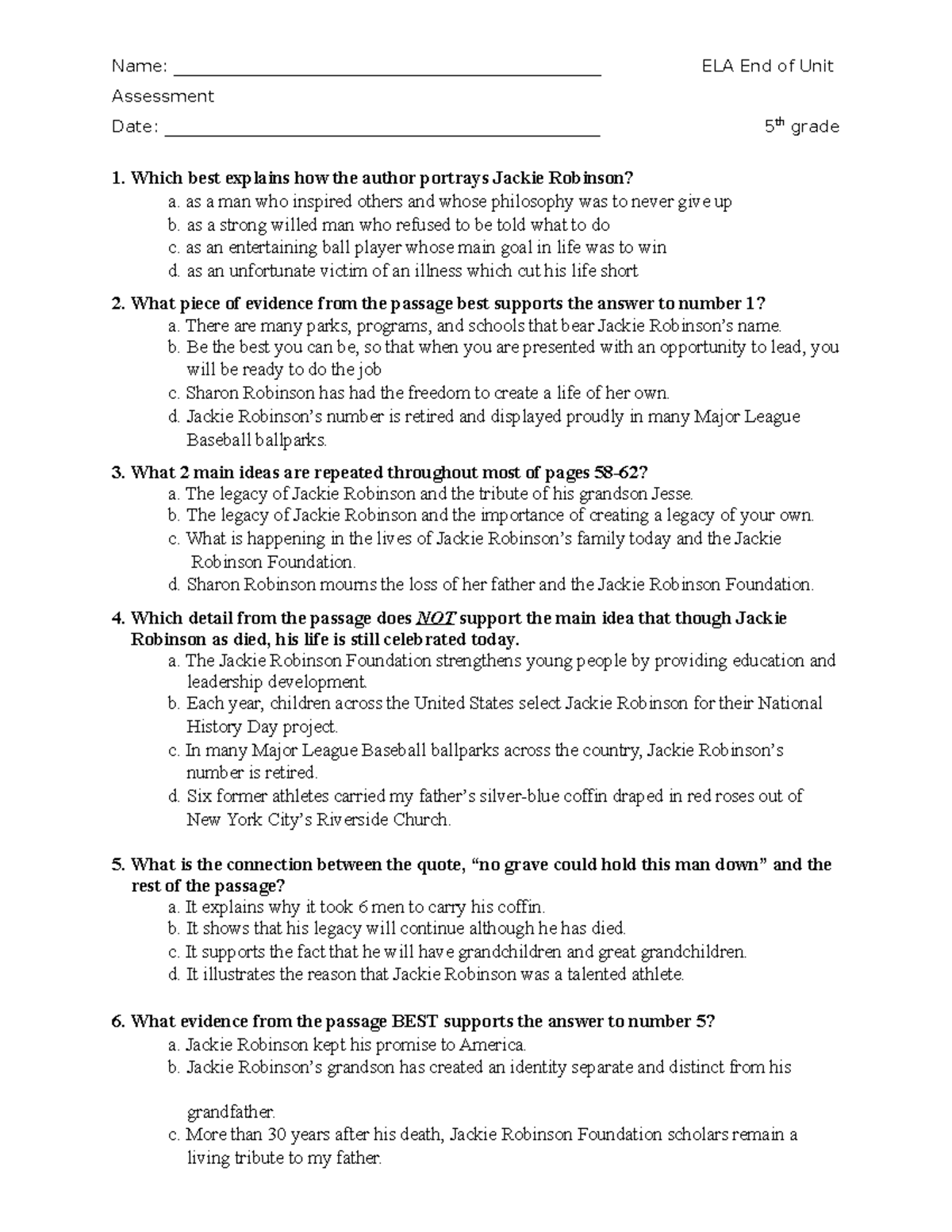 Jackie Robinson Promisesto Keep Endof Book Unit Test - Name: - Studocu