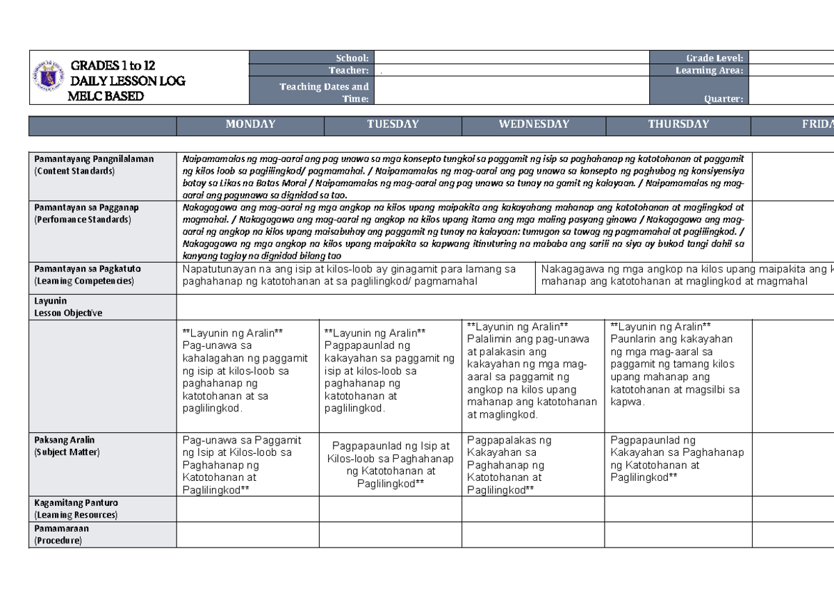 WEEK 2 DAILY LESSON LOG (GRADES 1-12) MELC BASED - Studocu