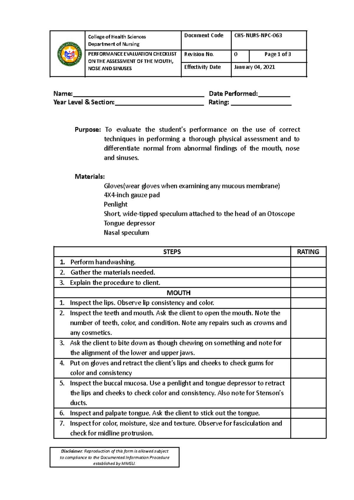 Assessment of the mouth nose and sinuses - College of Health Sciences ...