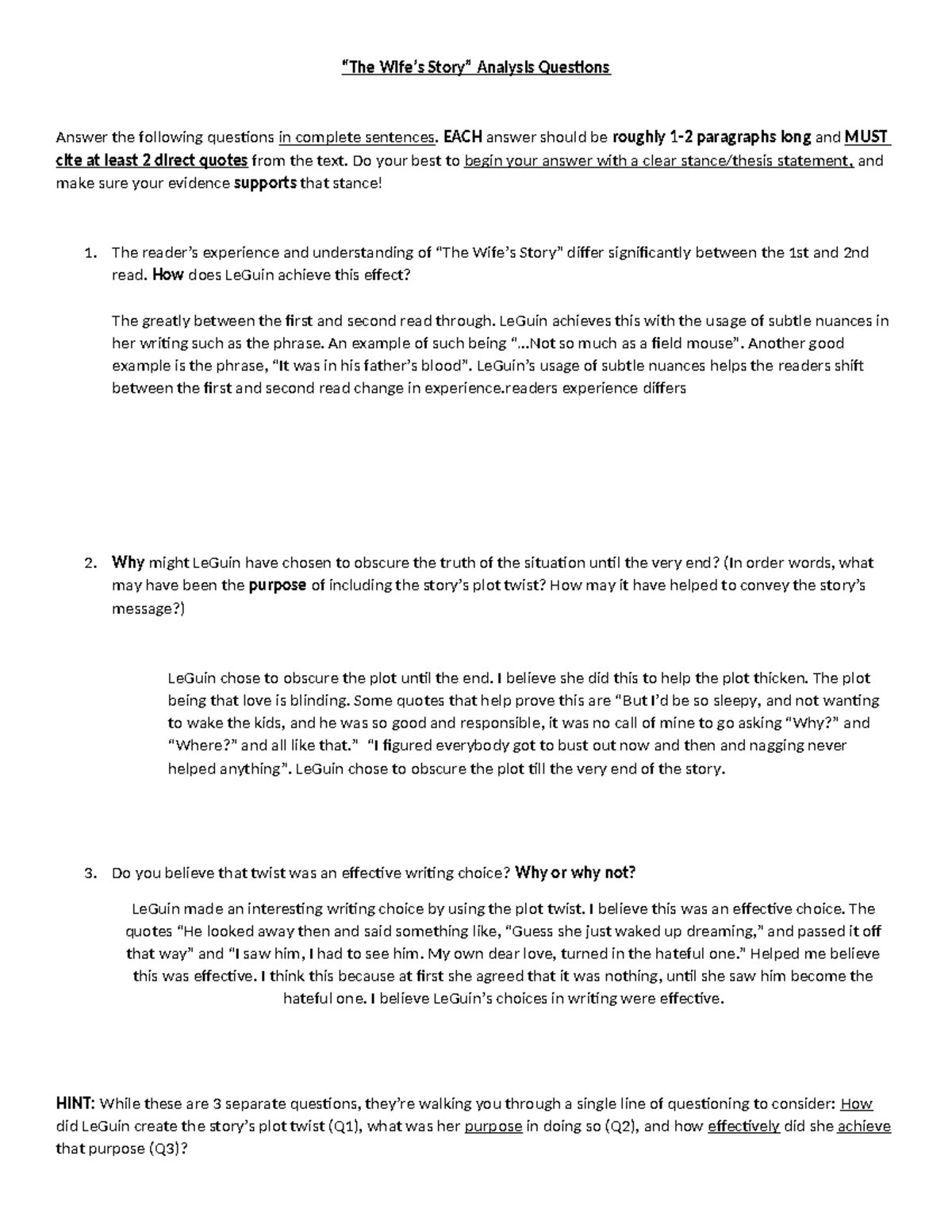 Analysis Questions on "The Wife's Story" - English 2 Kahn - Studocu