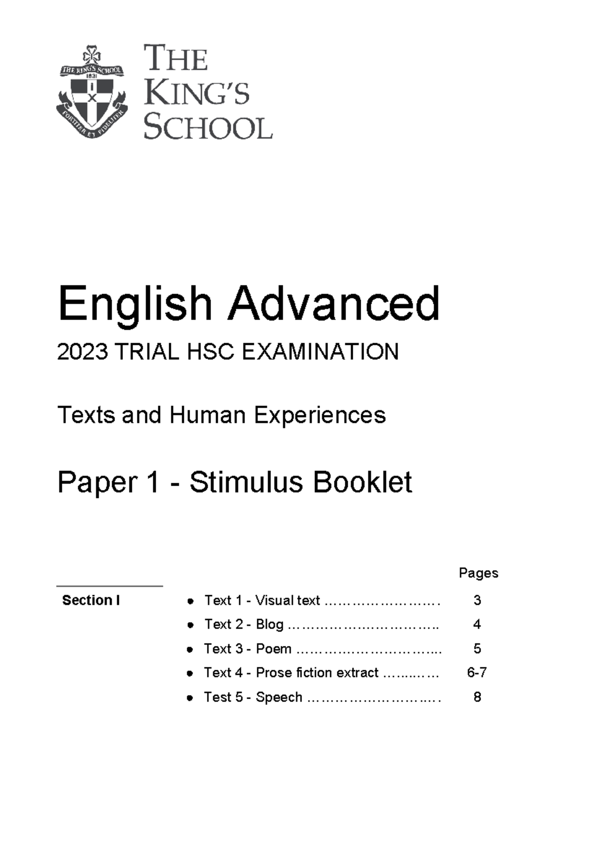 Kings 12ENA - HSC English Advanced 2023 Trial Exam Paper 1 Stimulus ...