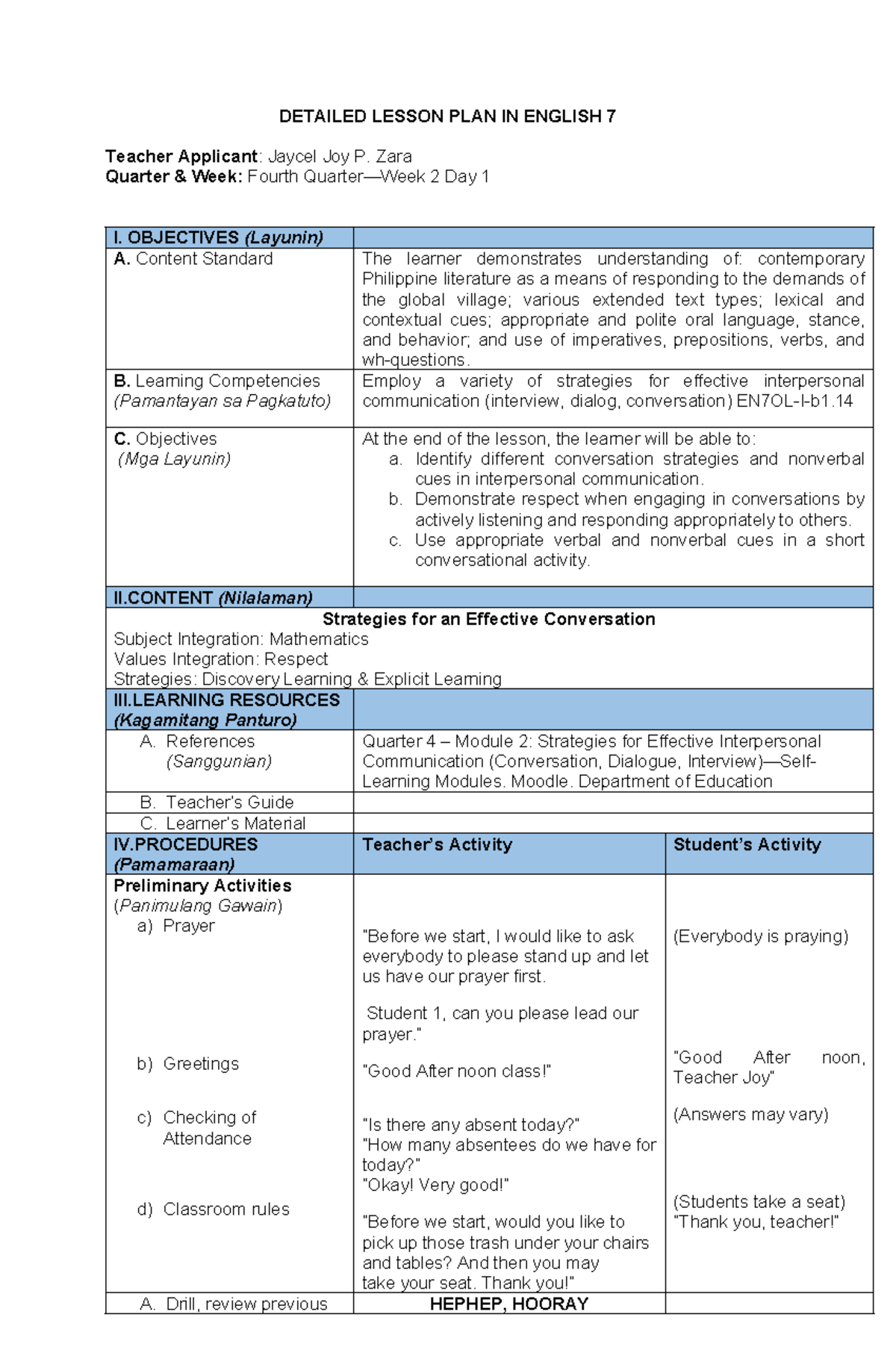 Jhsdetailed Lesson PLAN IN English 7 - DETAILED LESSON PLAN IN ENGLISH ...
