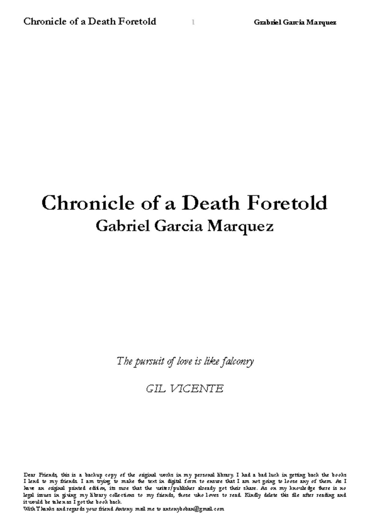 Chronicle of a Death Foretold- Gabriel Garcia Marquez - - Studocu