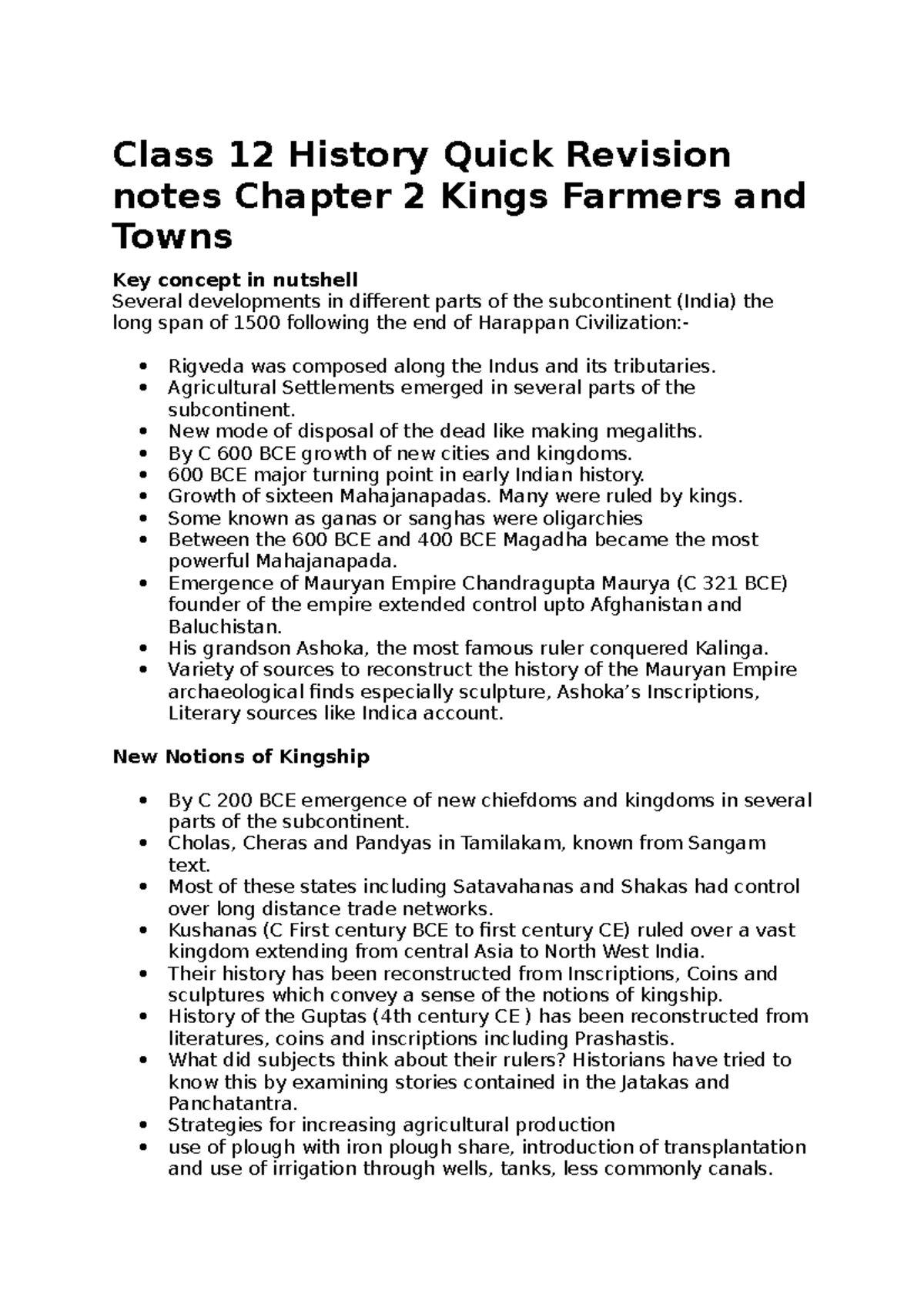 Class 12 History Quick Revision notes Chapter 2 Kings Farmers and Towns ...