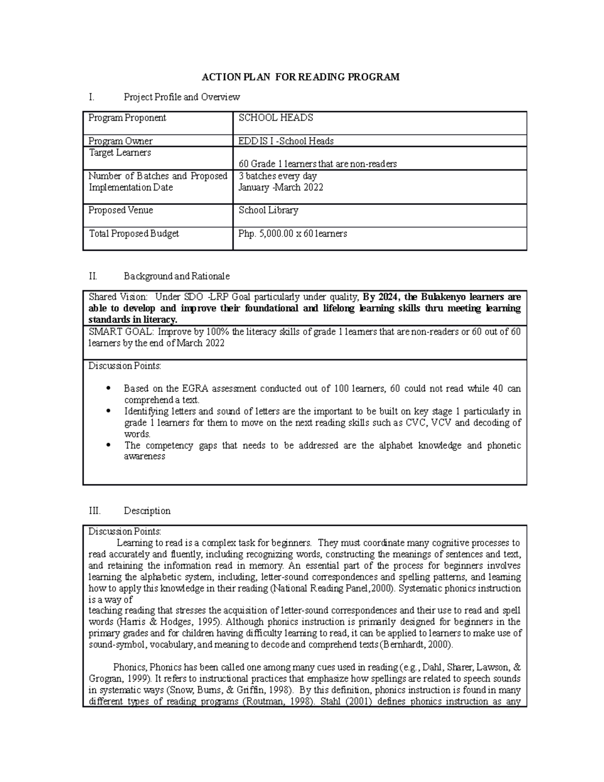 Revised Action Plan for EDDIS I - Grade 1 Reading Program - Studocu