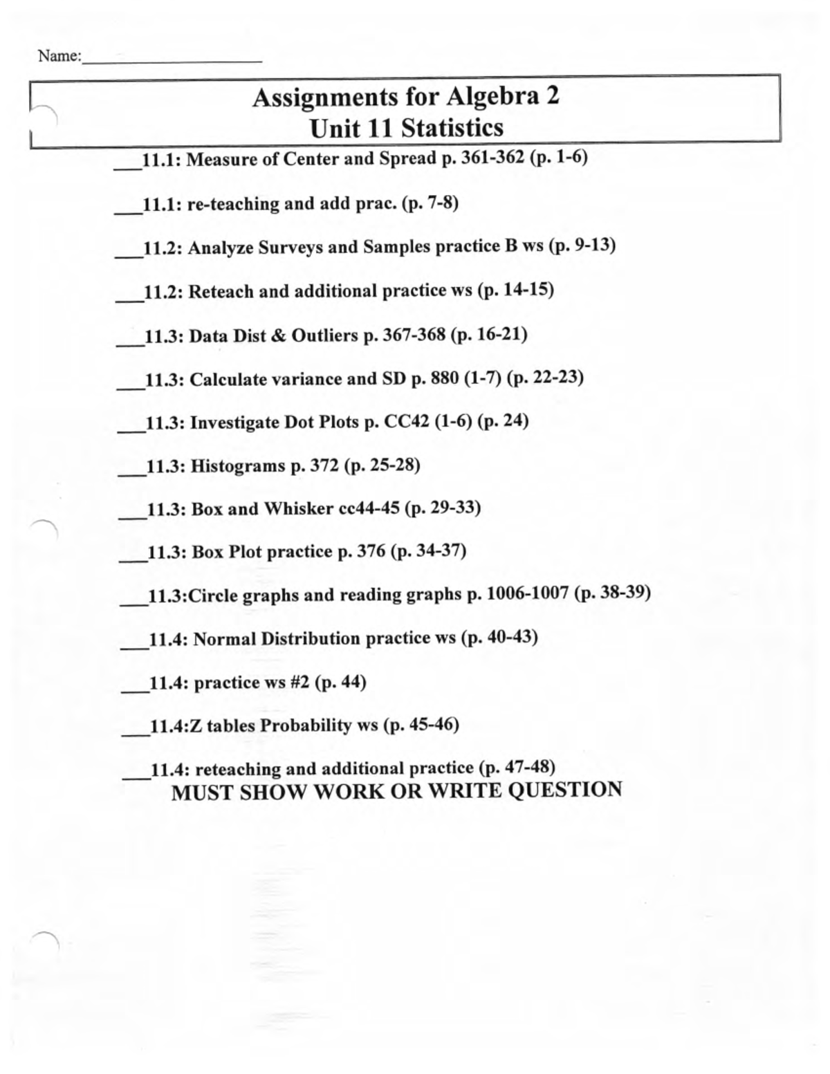 Algebra 2 Unit 11 Statistics Packet: Measures of Center & Spread - Studocu