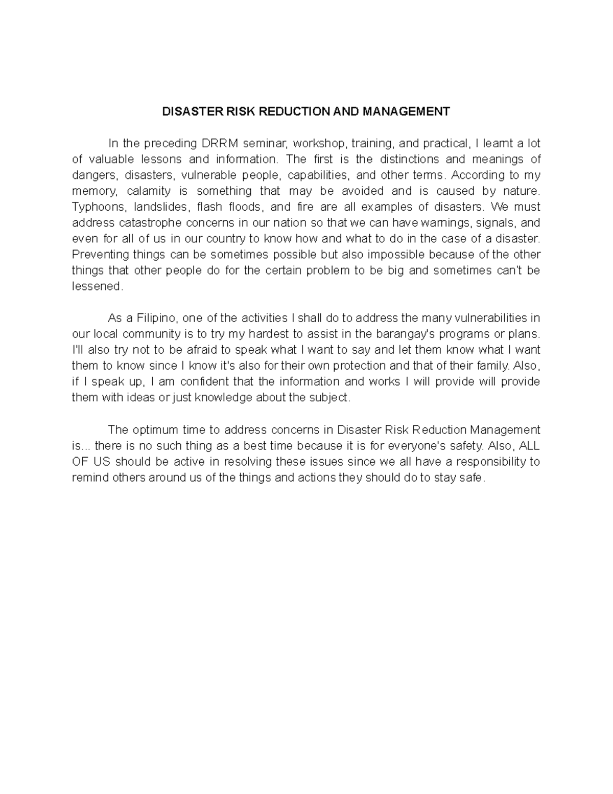 Essay Disaster Risk Reduction and Management - DISASTER RISK REDUCTION ...