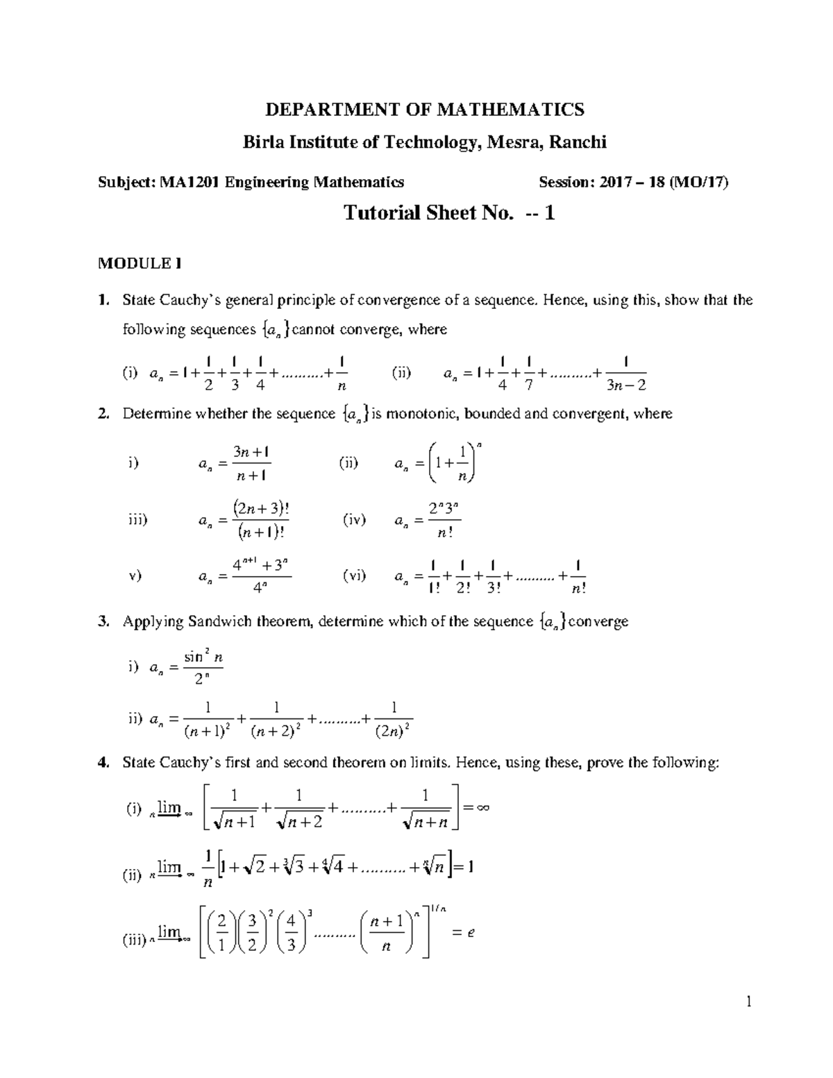 MA1201 Engineering Mathematics Tutorial Sheet No. 1 - 2017/18 - Studocu