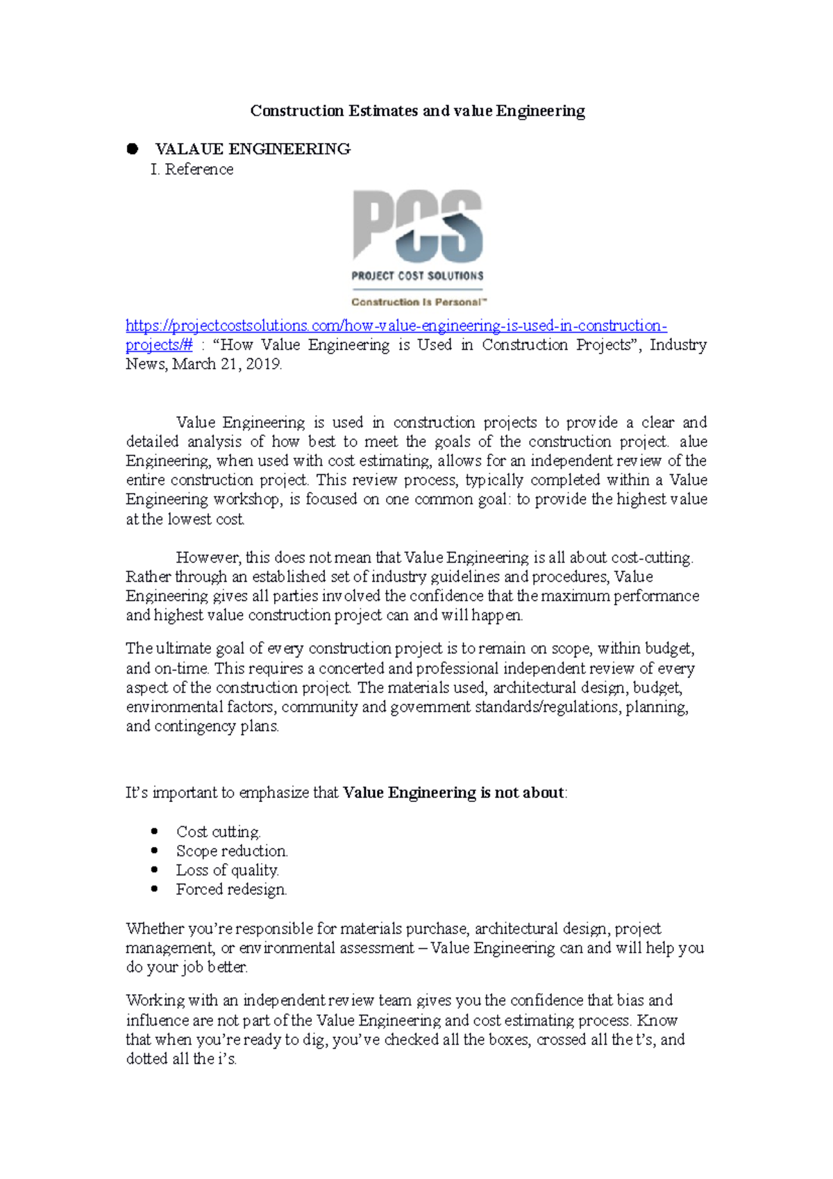 Construction Estimates & Value Engineering: Raw Report Overview - Studocu
