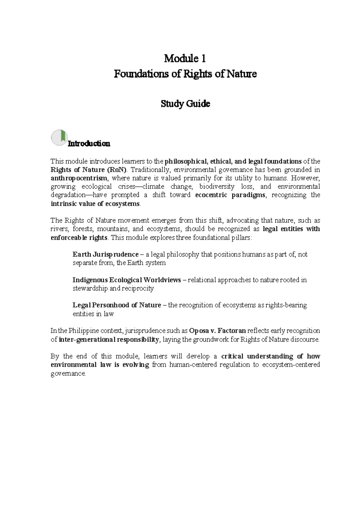 Study Guide: Module 1 - Foundations of Rights of Nature (RoN) - Studocu