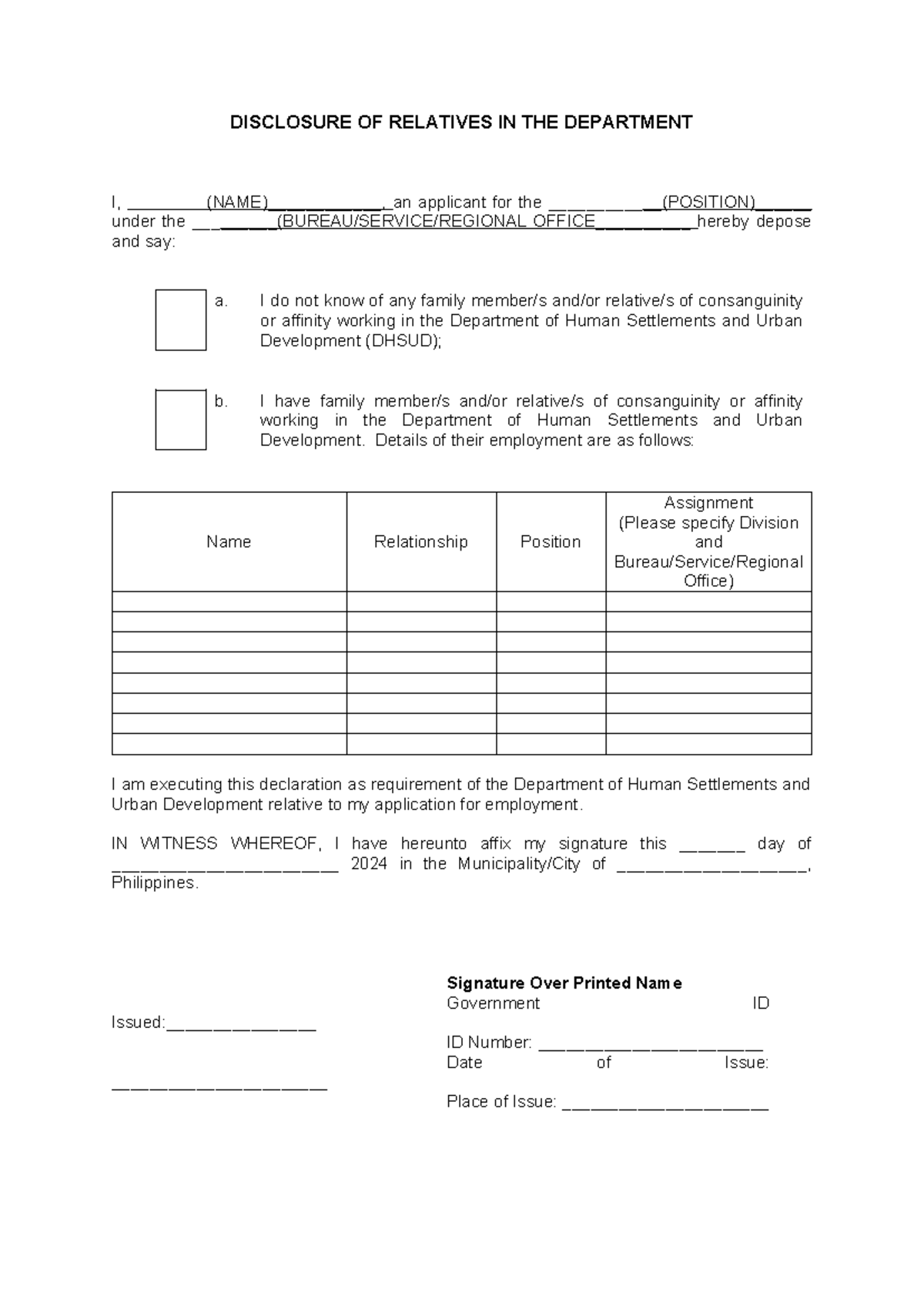 Applicant's Relative Disclosure Form for DHSUD Employment Application ...