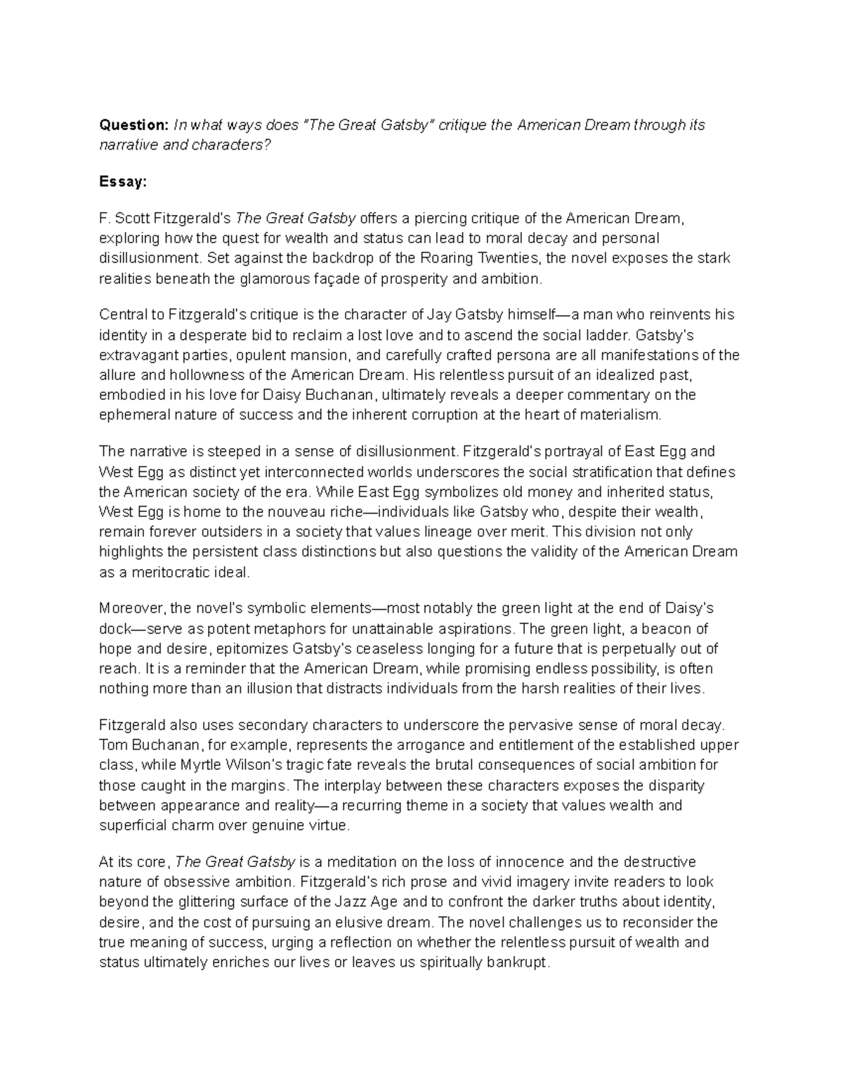 ENG 201 - Essay 5: Critique of the American Dream in The Great Gatsby ...